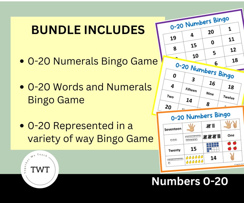 BUNDLE 0-20 Number Bingo Words, Numerals and Variety of Ways - Etsy
