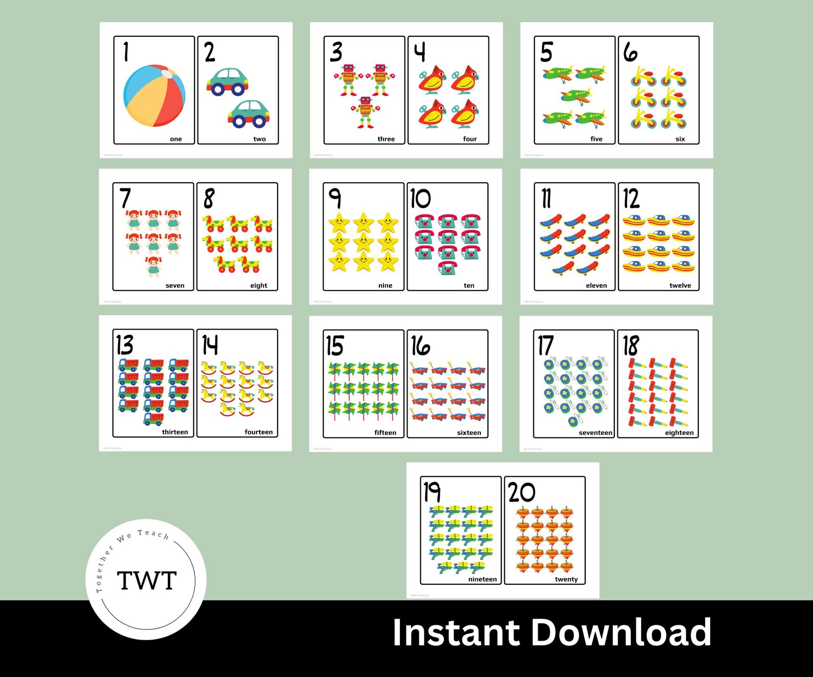 Number 1-20 Flashcards, Pictures and Numbers, Visual Cues, Learning ...
