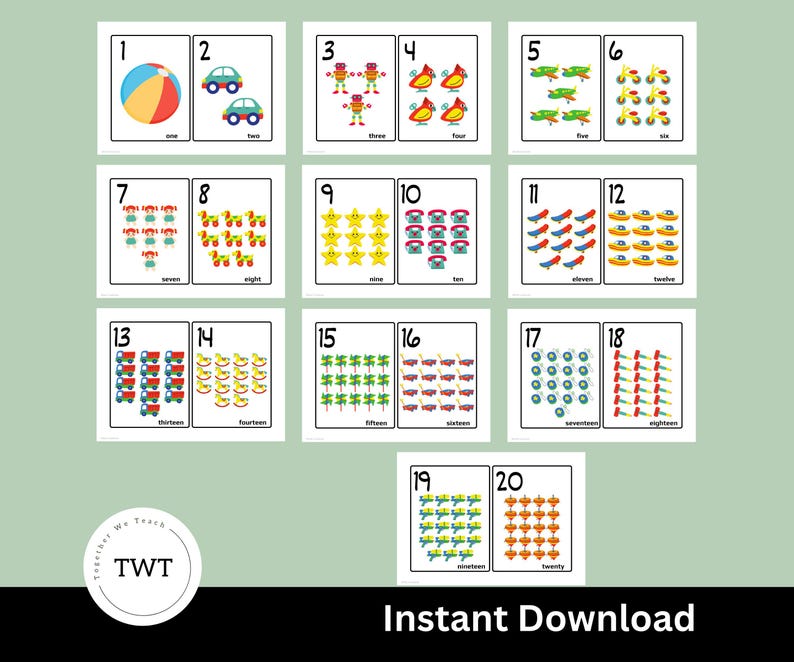 Tarjetas didácticas de los números del 1 al 20, imágenes y números ...