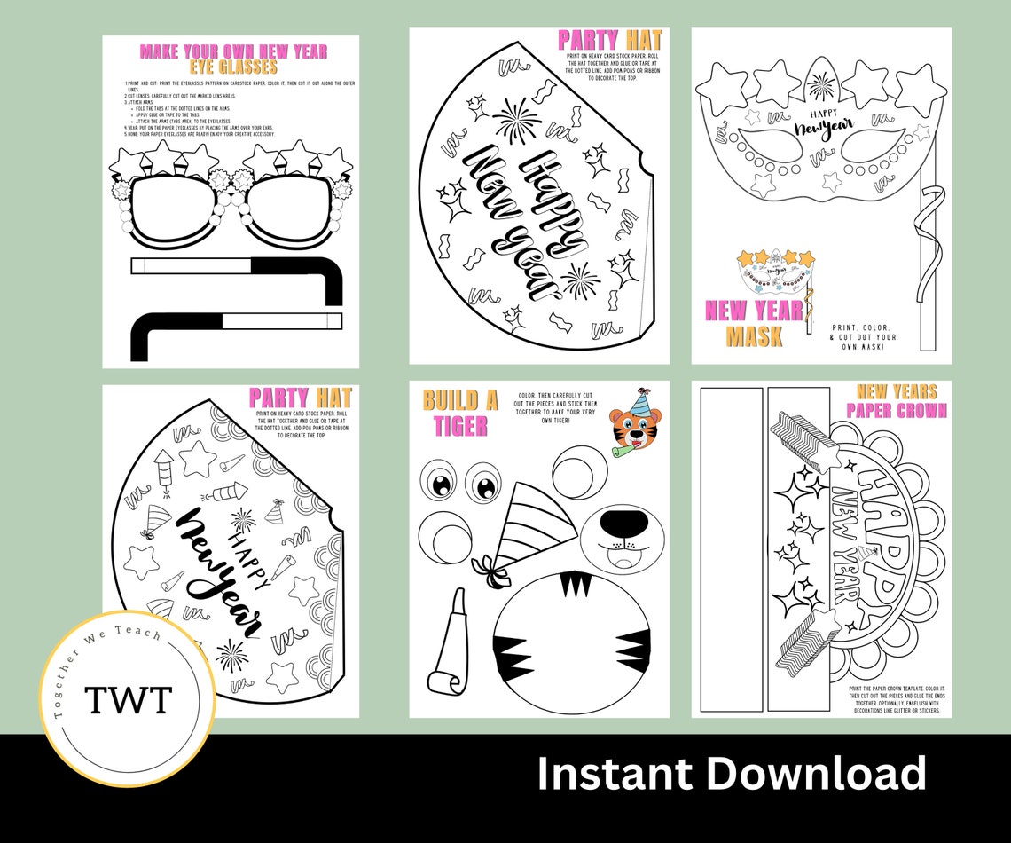 New Years Printable Party Hat and Glasses Craft - Etsy