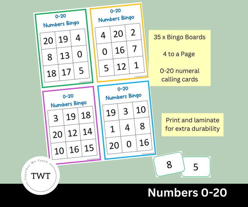 Number Bingo 0-20, PDF, Instant Download, Learning Numbers, Mathematics ...