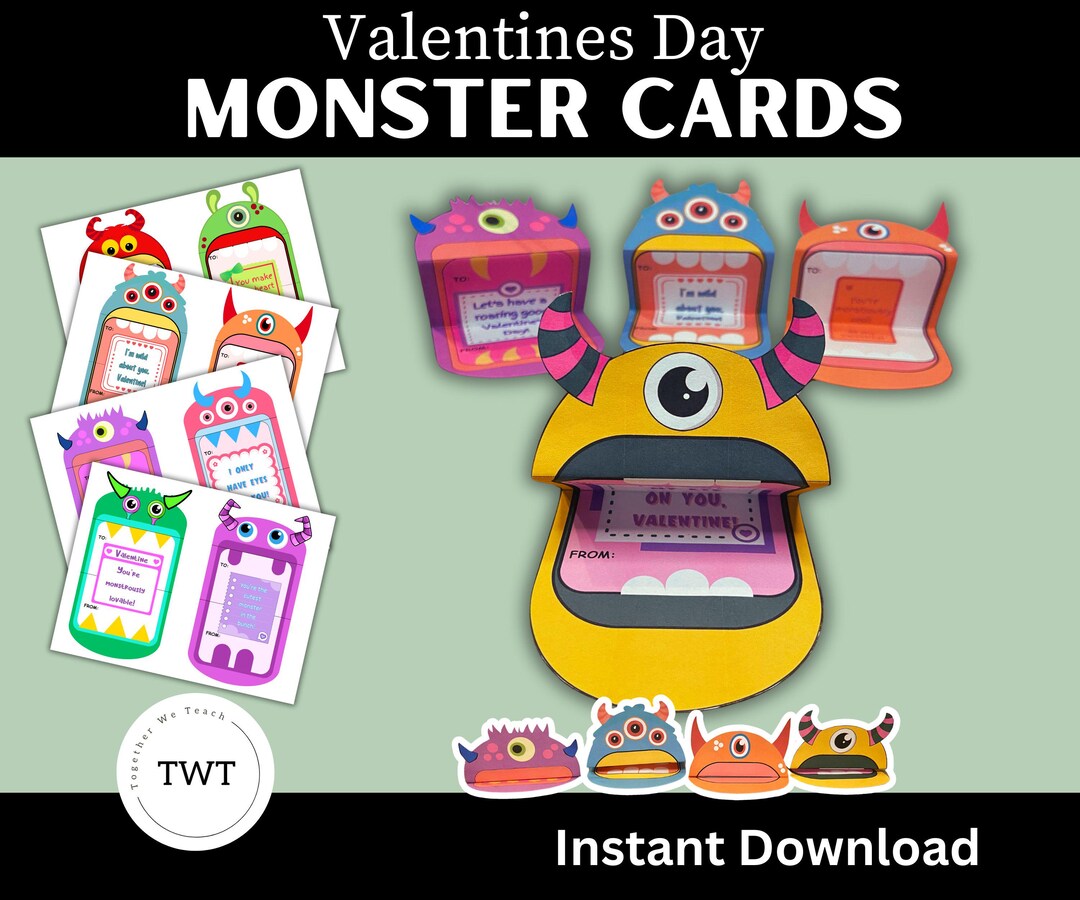 Colourful Monster Valentines Day Cards - 10 Different Designs and ...