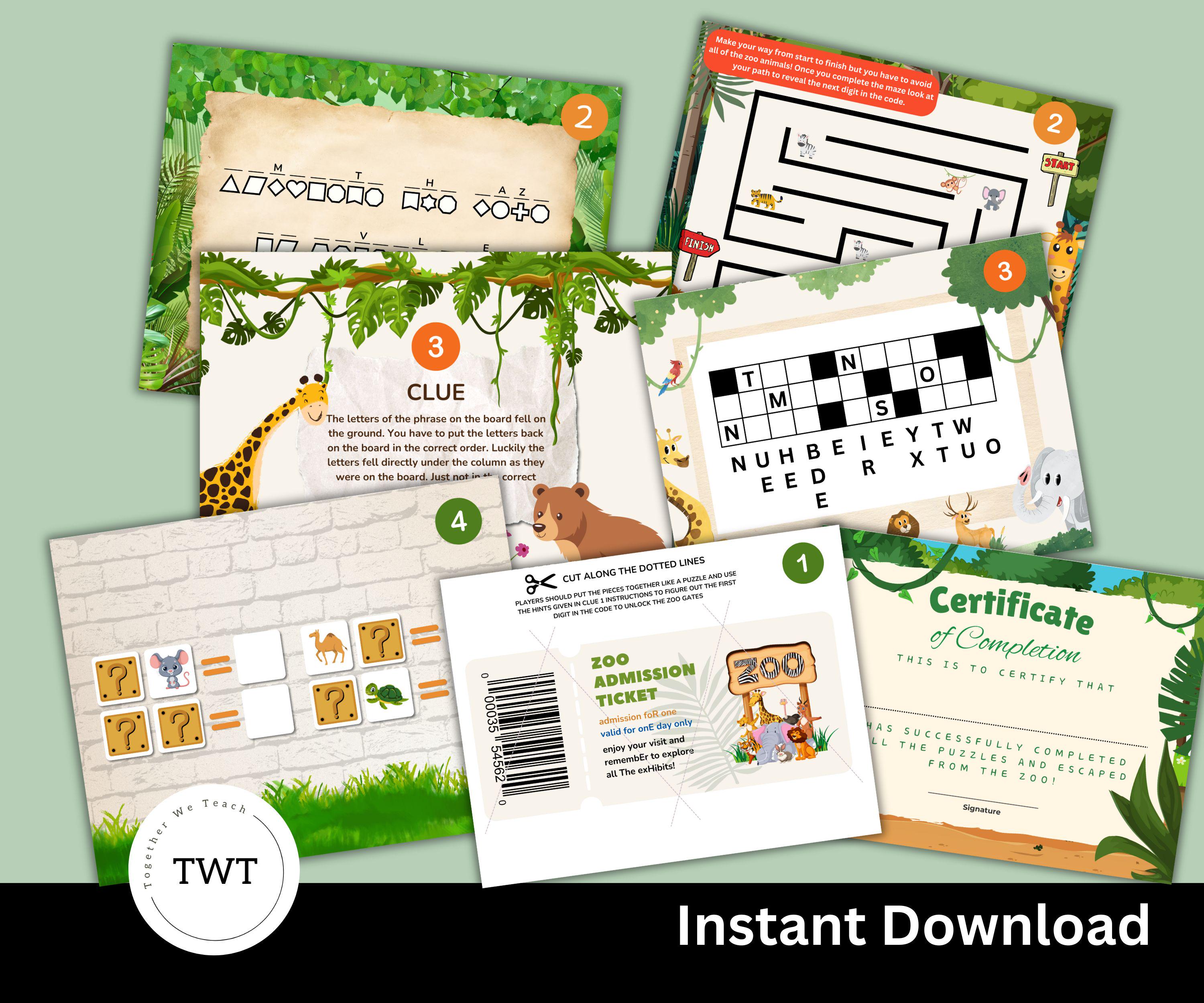 Zoo Escape Room for Kids, PDF File, Instant Download, Clues to Solve ...