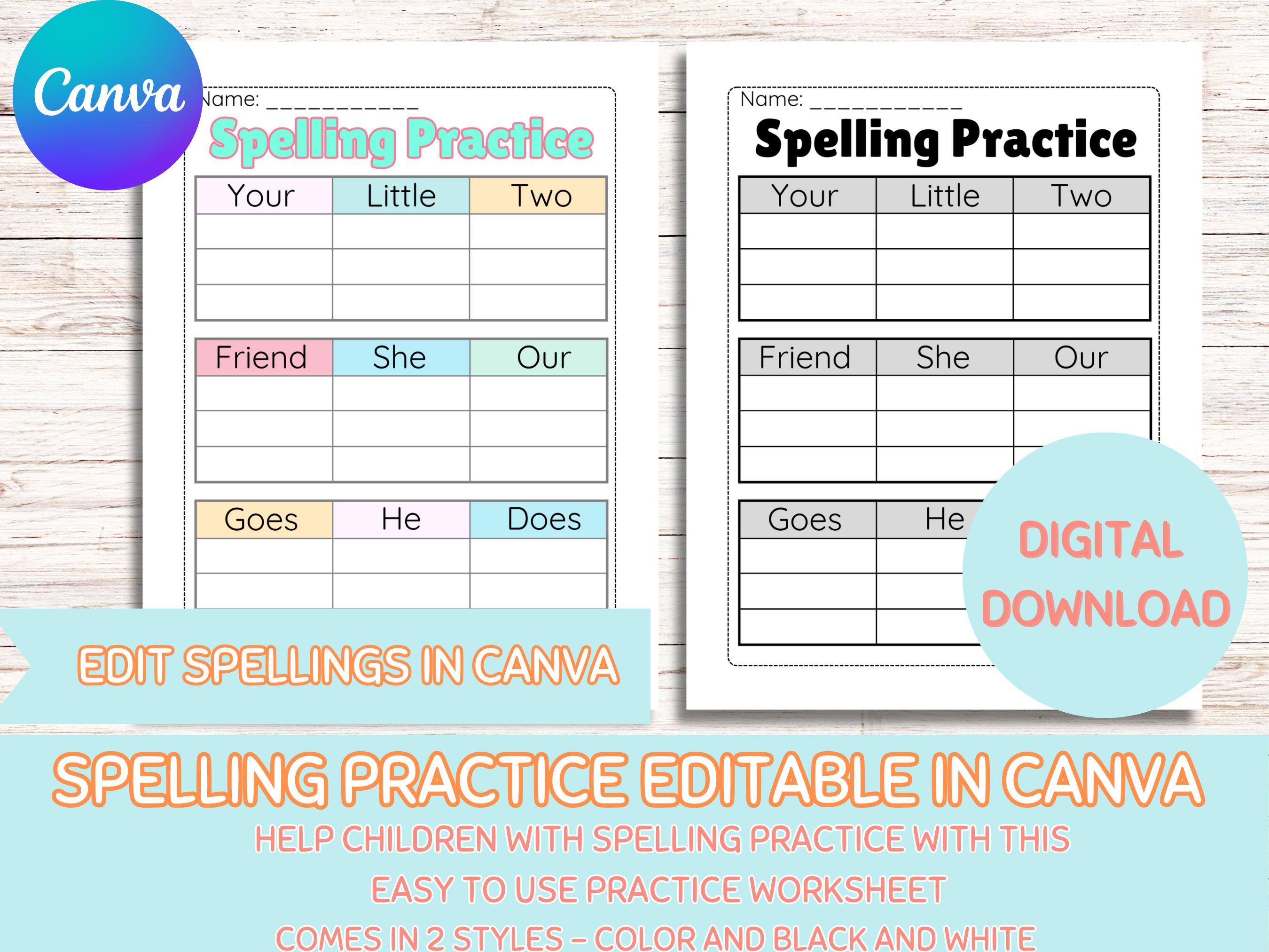 Printable Spelling Practice Worksheets, Editable in Canva, Printable ...
