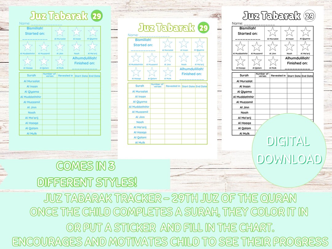 Printable Juz Tabarak Tracker, Ideal for Muslim Children in Homeschool ...