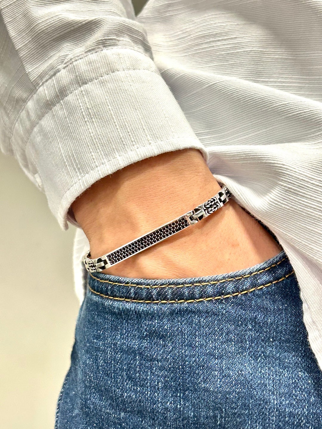 925K Silver Men Bangle, Black Stone, Wedding Gift, Thick Bracelet ...