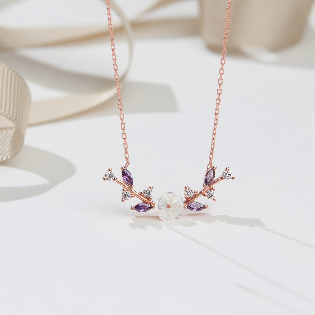 925K Silver Magnolia Necklace, Elegant Jewelry, Shiny Stone Necklace ...