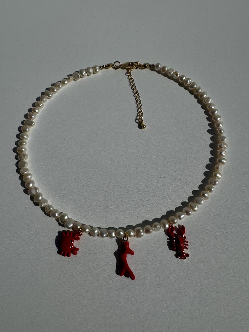 Freshwater Pearl Necklace With Red Coral & Crab Charms, Summer Beach ...