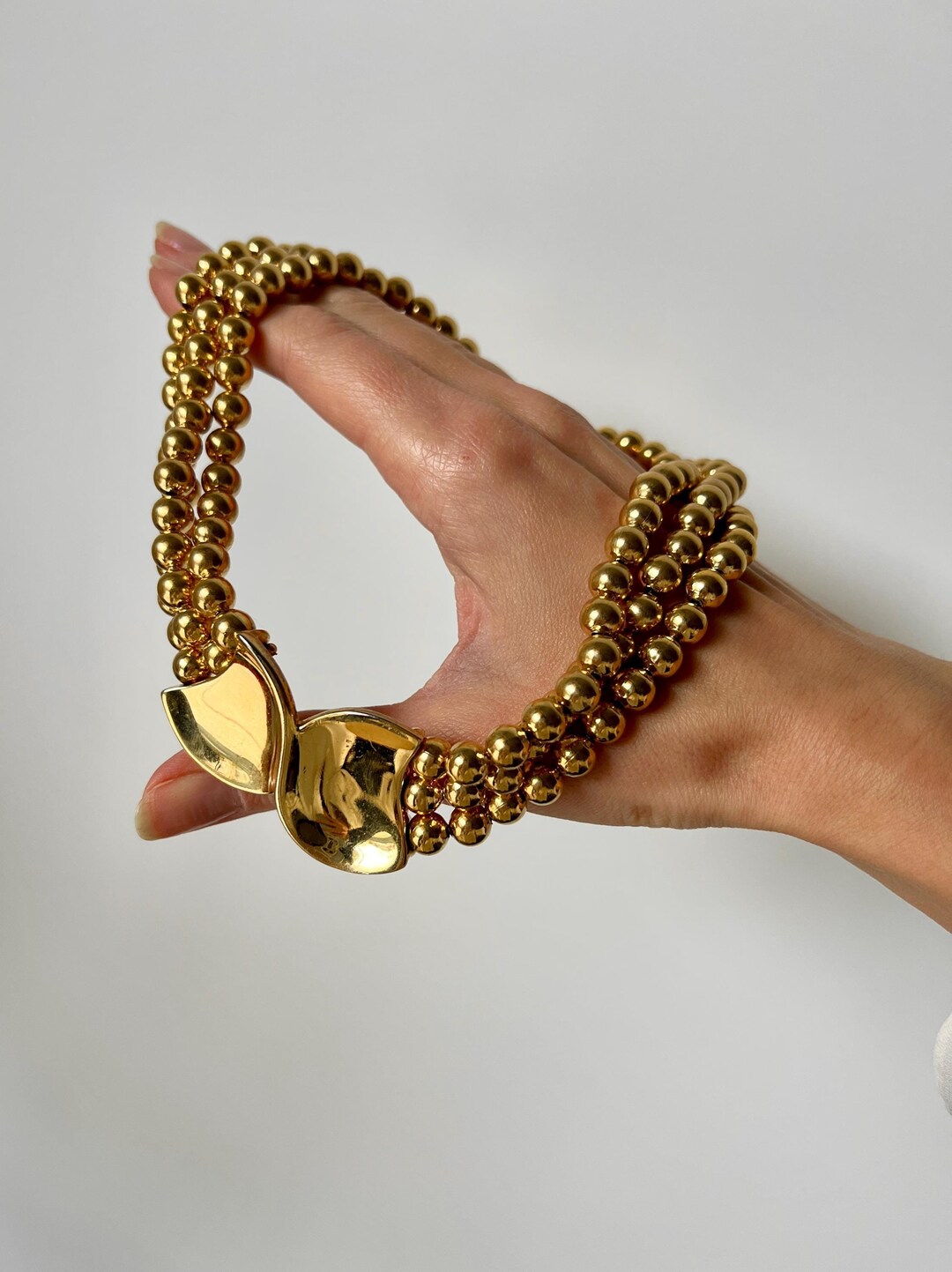NAPIER Vintage Ad Piece Three Strand Gold Tone Metallic Beads ...