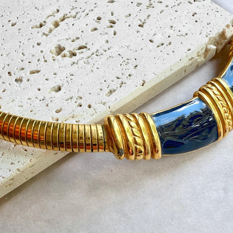 Vintage Monet Gold Tone Art Deco Blue Enamel Omega Choker Necklace ...