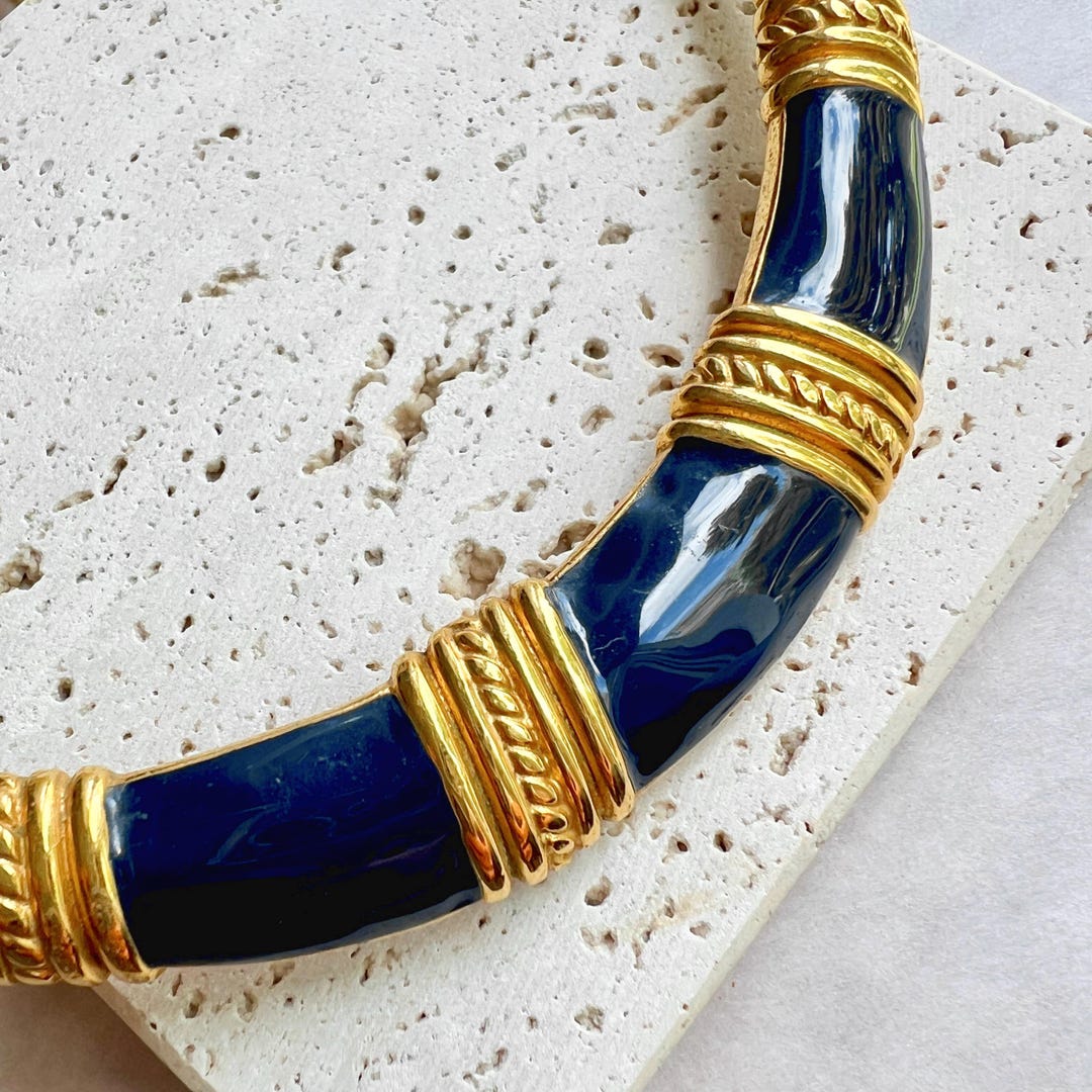 Vintage Monet Gold Tone Art Deco Blue Enamel Omega Choker Necklace ...