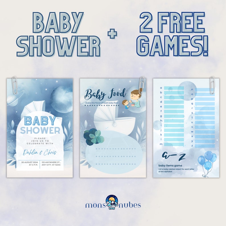Blue Baby Shower Invite Card + 2 Free Baby Shower Games Template - Etsy
