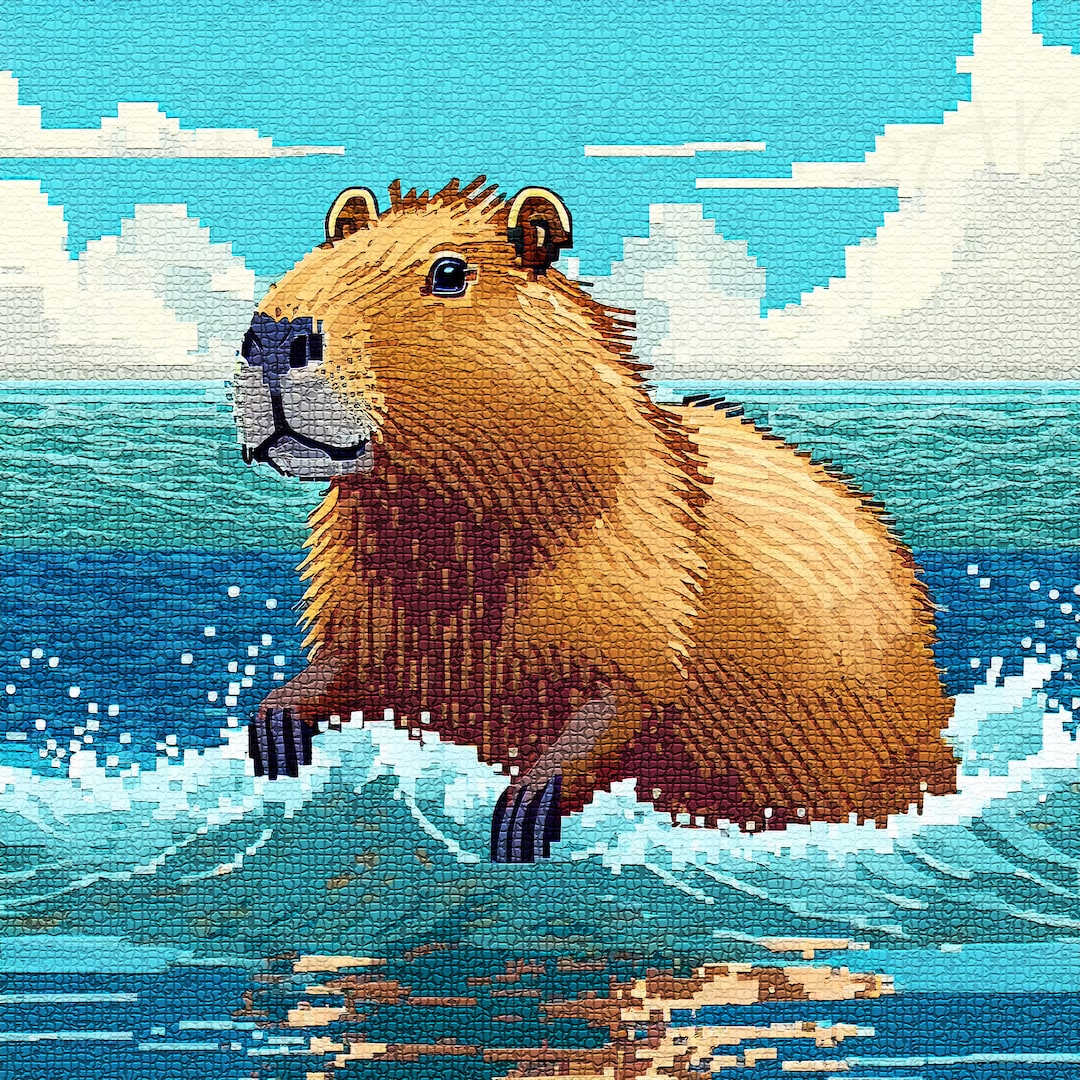 Capybara Playing in the Sea Pixel Style 8x8 Wall Art Unframed Capybara ...