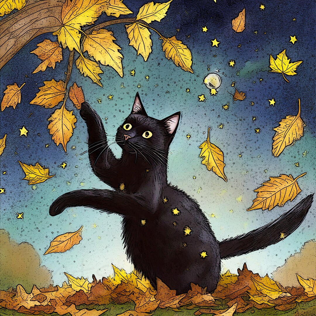 Black Cat Playing With Falling Autumn Leaves 8x8 Wall Art Unframed Cat ...