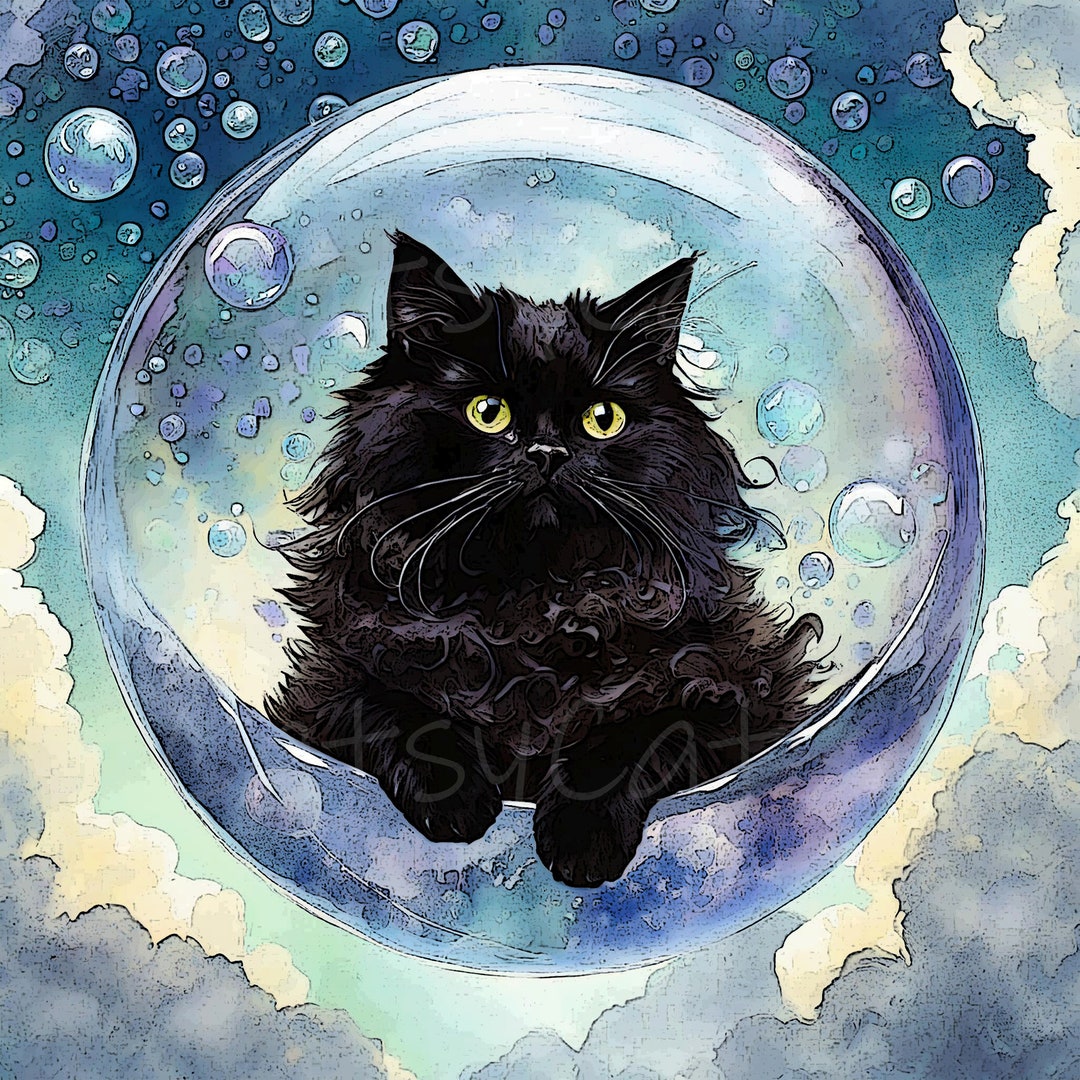 Fluffy Black Cat Floating in A Bubble in the Sky 8x8 Wall Art Unframed ...