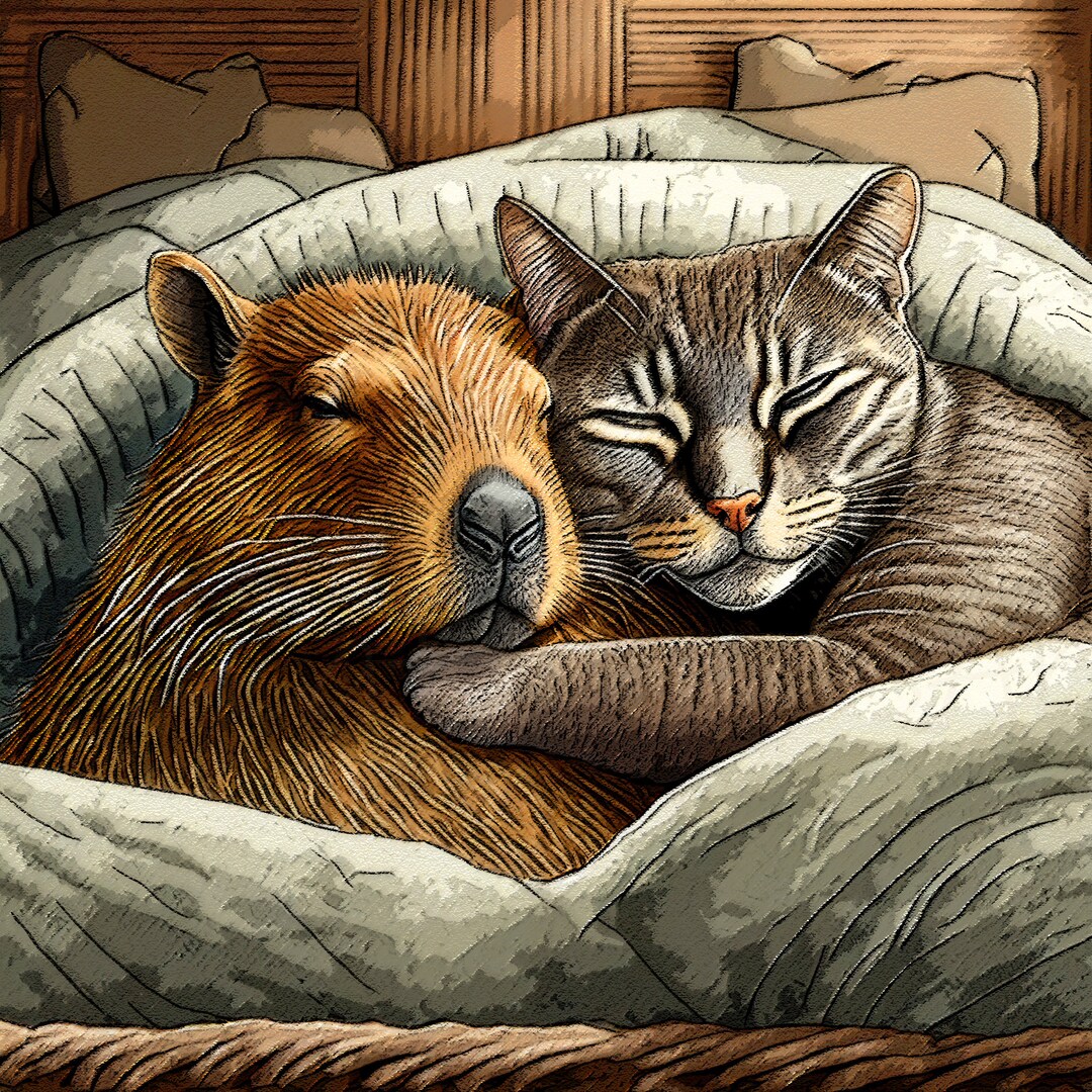Capybara and Tabby Cat Best Friends Cuddling 8x8 Wall Art Unframed Cat ...