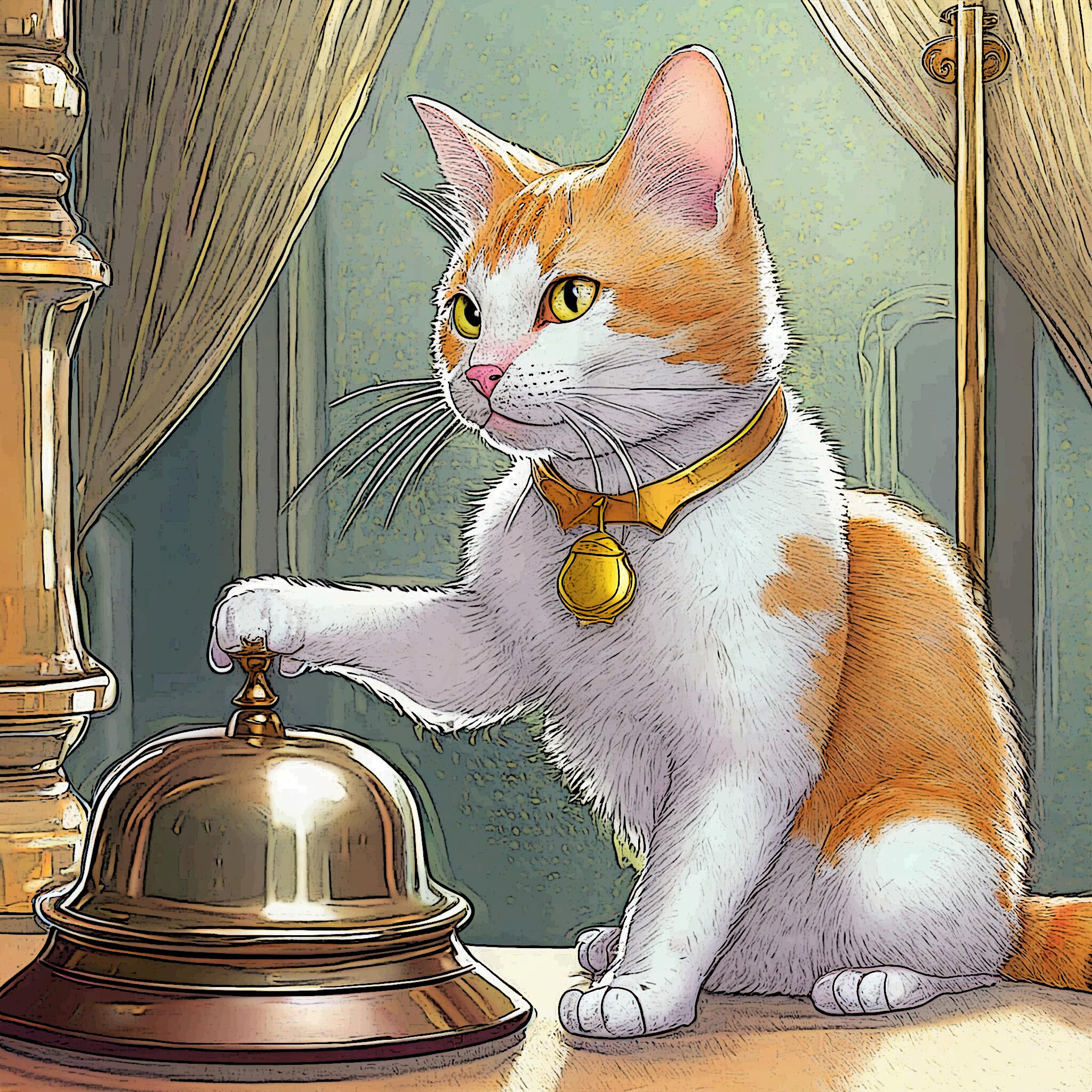 Ginger Tabby and White Cat Waiting for Service at Hotel Wall Art ...