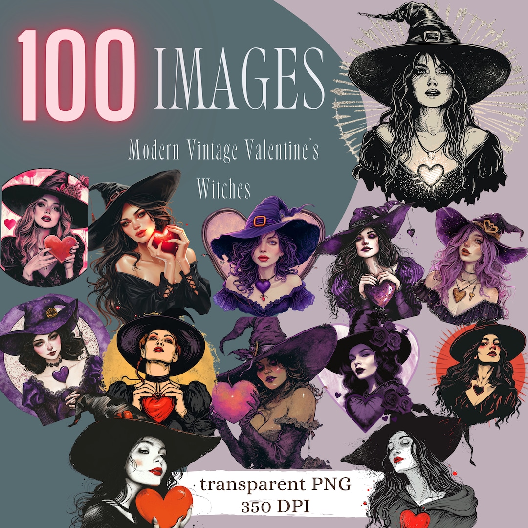 Witch Love PNG Bundle: Gothic Valentine Witch Print Set, Witchy Vintage ...