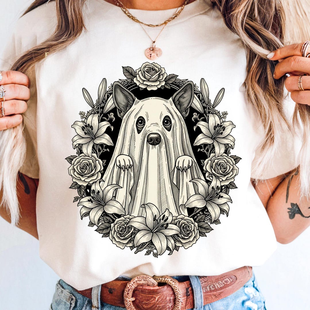 Vintage Gothic Floral Ghost Dog Portrait, Ink Puppy Clipart (digital ...