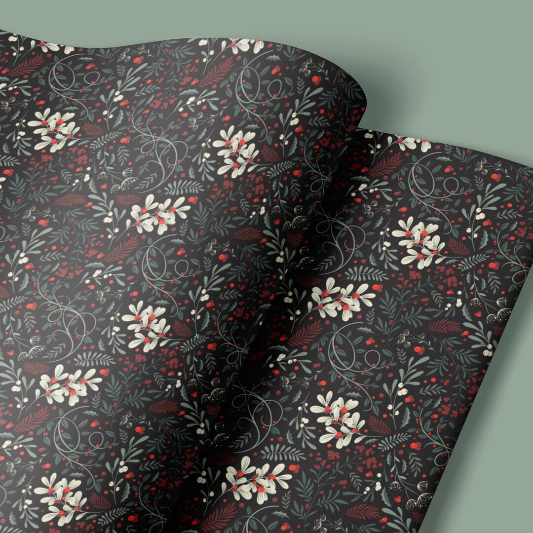 Wrapping Paper: Mistletoe Sage Christmas Greenery green, Red, Holiday ...