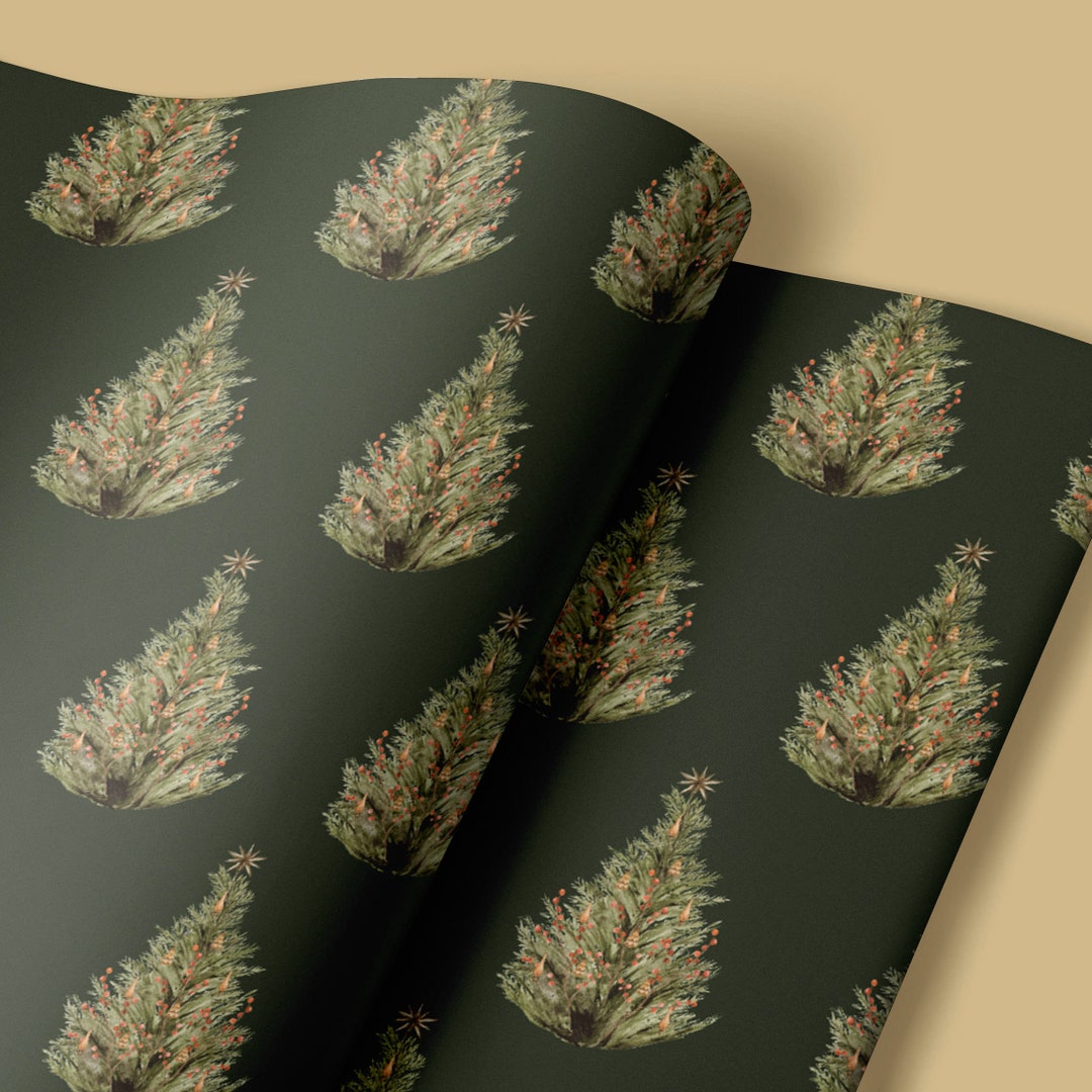 Dark Green Christmas Tree Wrapping Paper: Minimalist Holiday, 5 Sheets ...