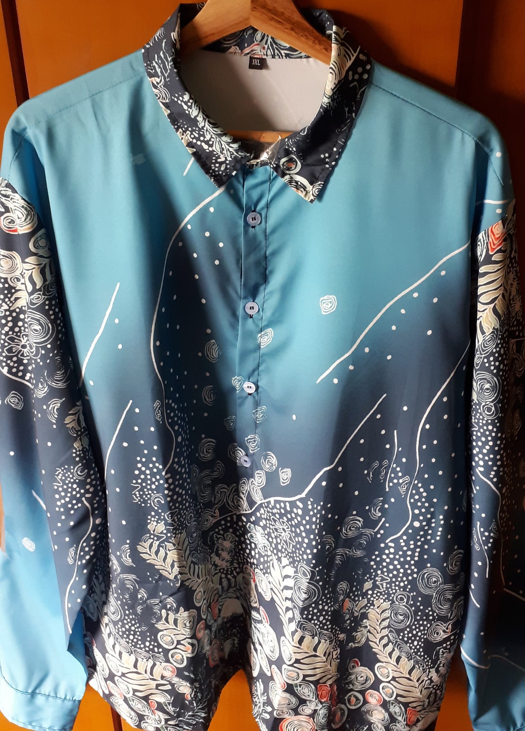 Batik Fusion Silk Shirt Long Sleeve Blue Men's 3xl/18,malaysia - Etsy