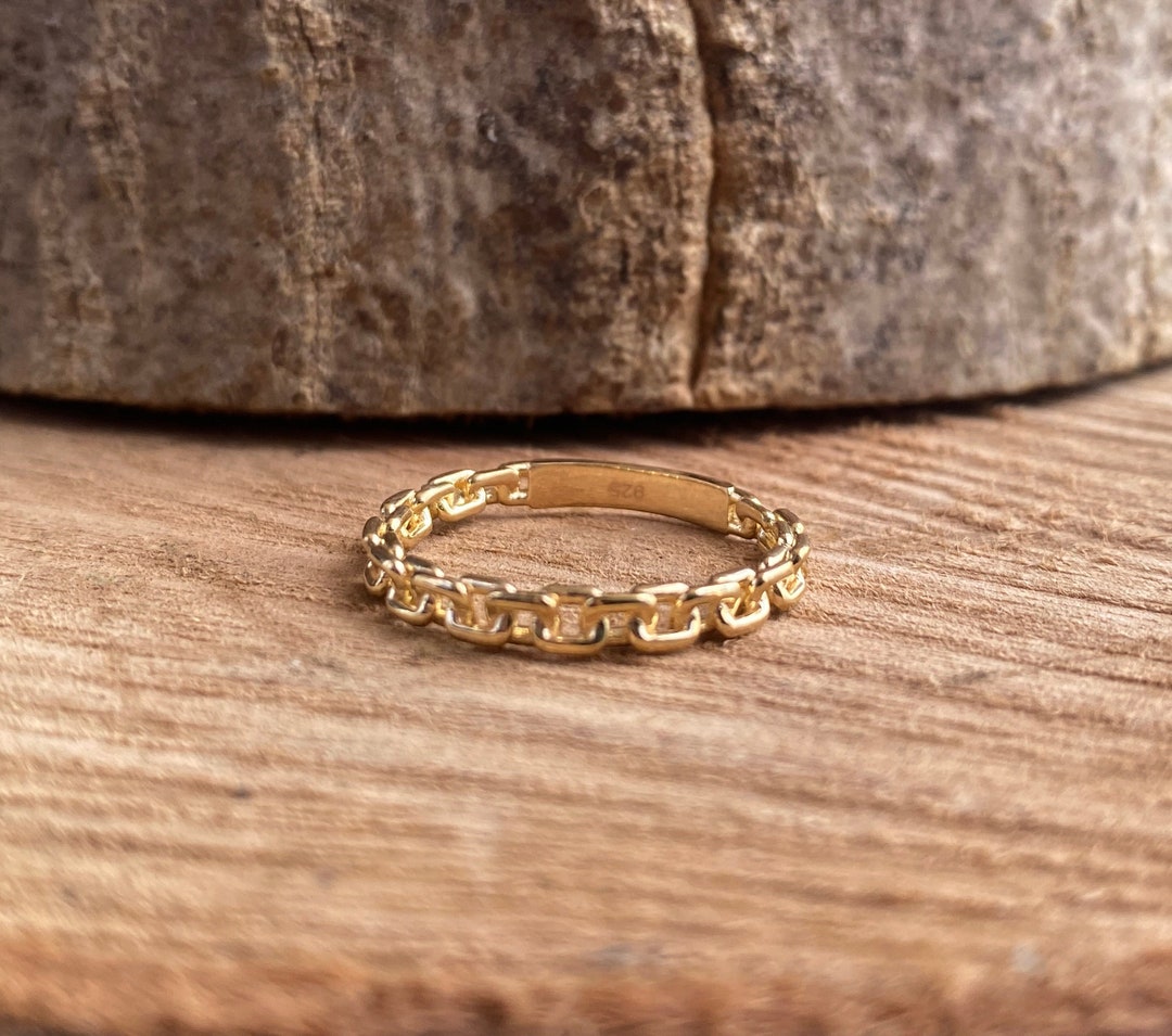 14K Gold Rolo Chain Ring, Chain Link Ring, Thick Chain Curb Ring, Rolo ...