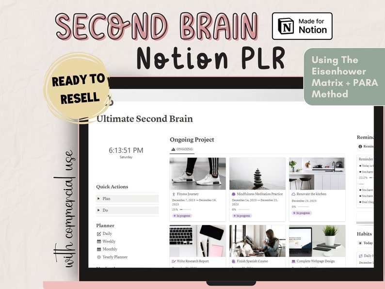 PLR Second Brain Notion Template Project Management Tool Business Digital Planner Productivity ...