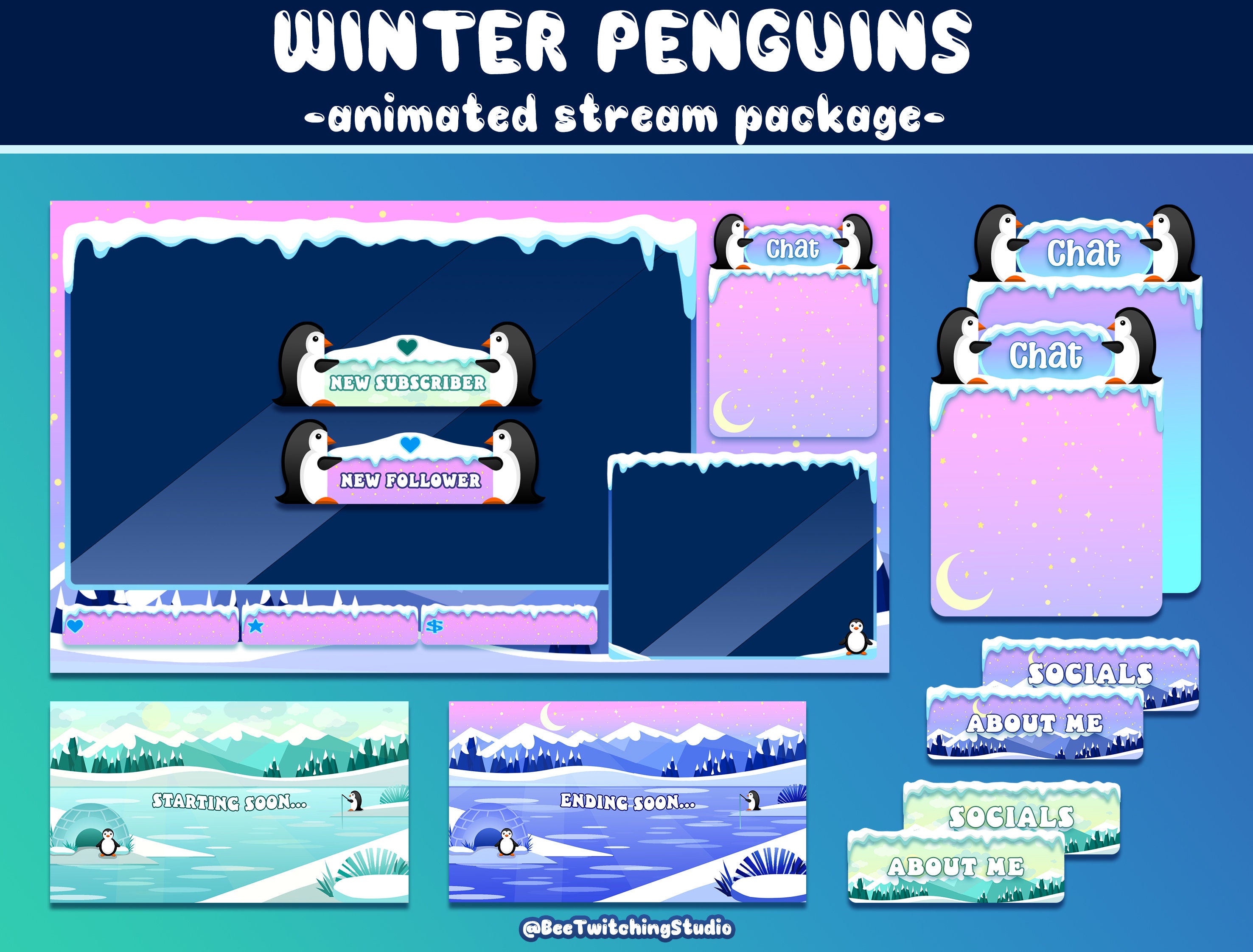 Winter Penguins Animated Stream Package | Twitch Overlay/panels ...