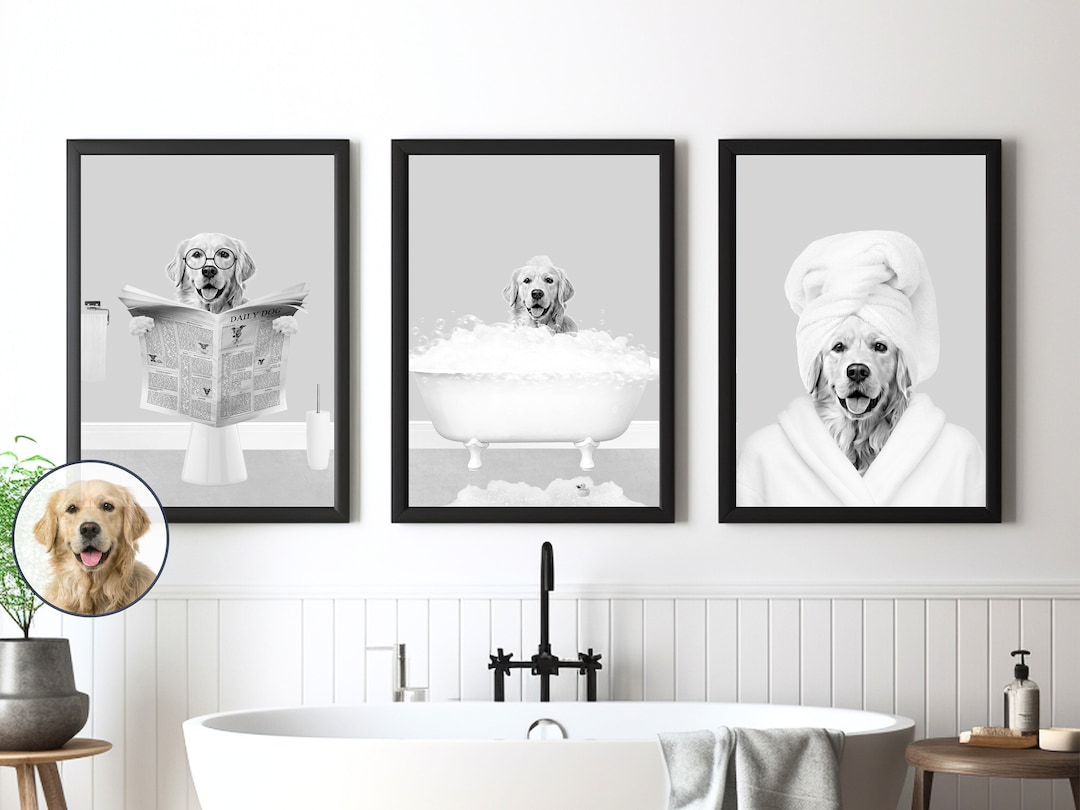 Custom Digital Pet Portraits Set of 3, Pet in Bathtub, Black and White, Dog Bathroom Art Print ...