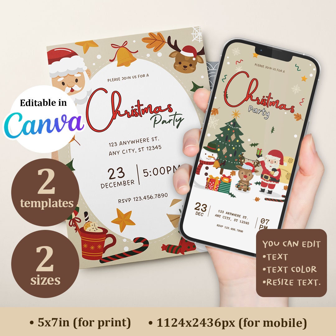Editable Christmas Party Invitation, Christmas Card, Party Announcement ...