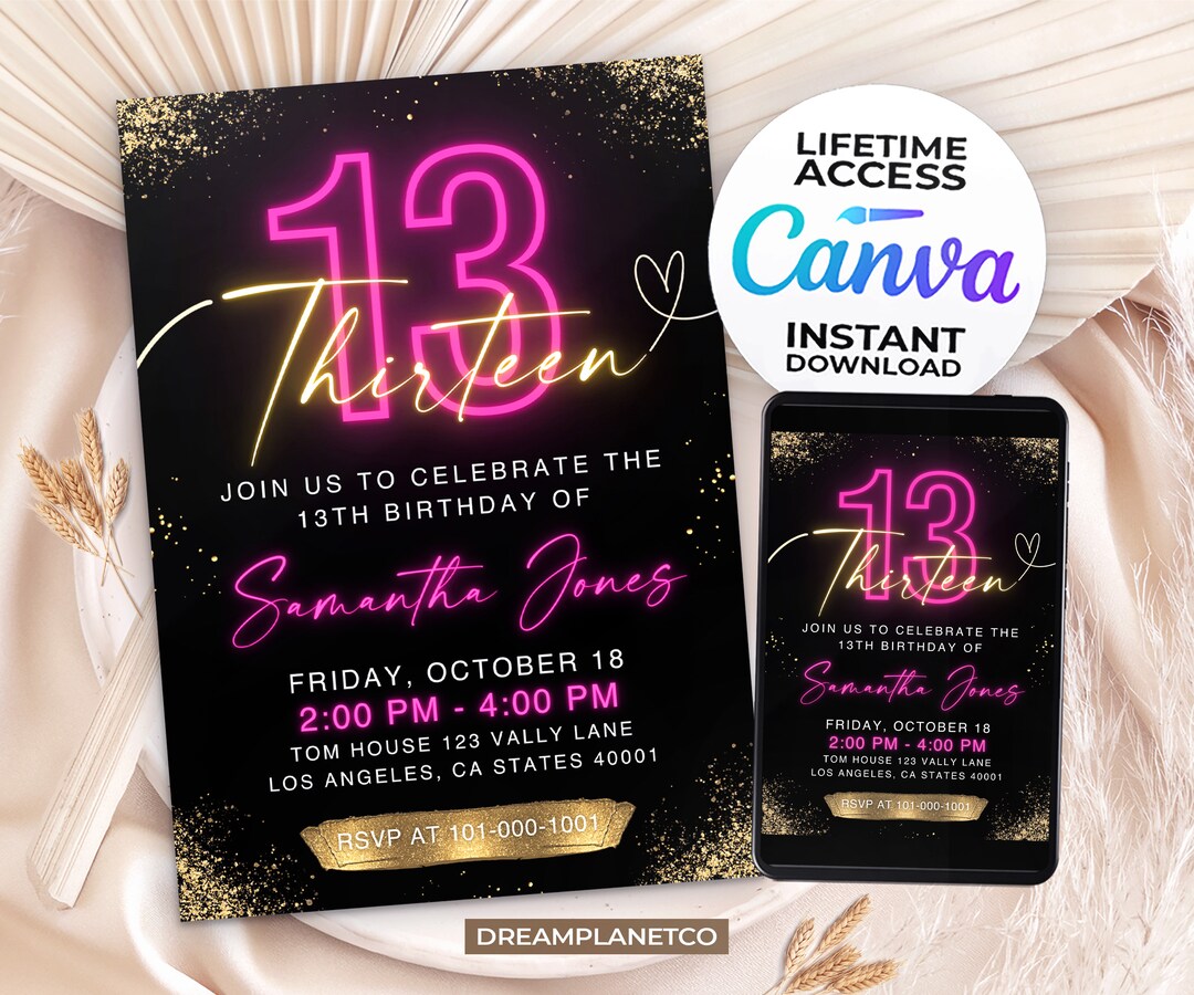 Editable 13th Girl Birthday Invitation, 13th Girl Number Invitation ...