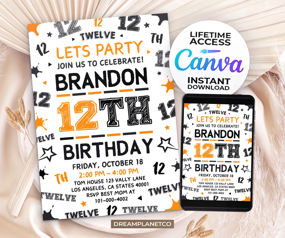Editable 12th Boy Birthday Invitation 12th Boy Number - Etsy