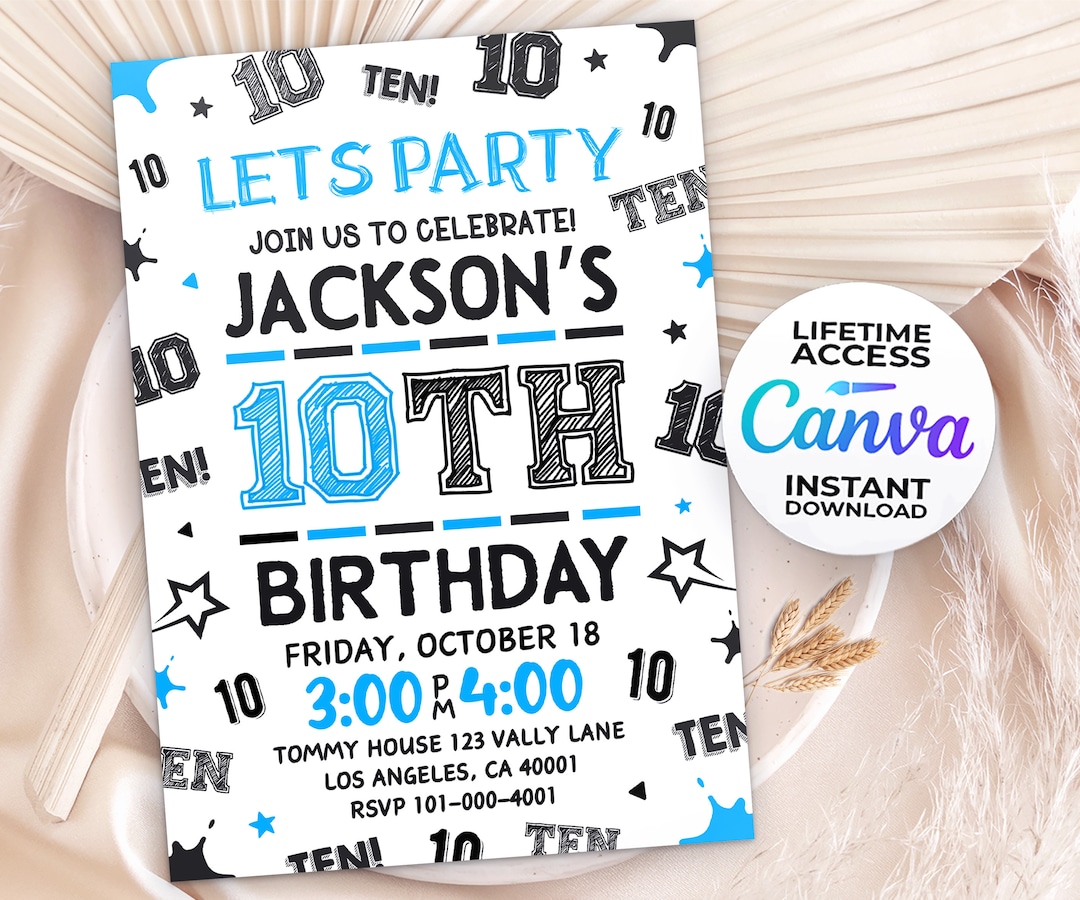 Editable 10th Boy Birthday Invitation, 10th Boy Number Invitation, 5x7 ...