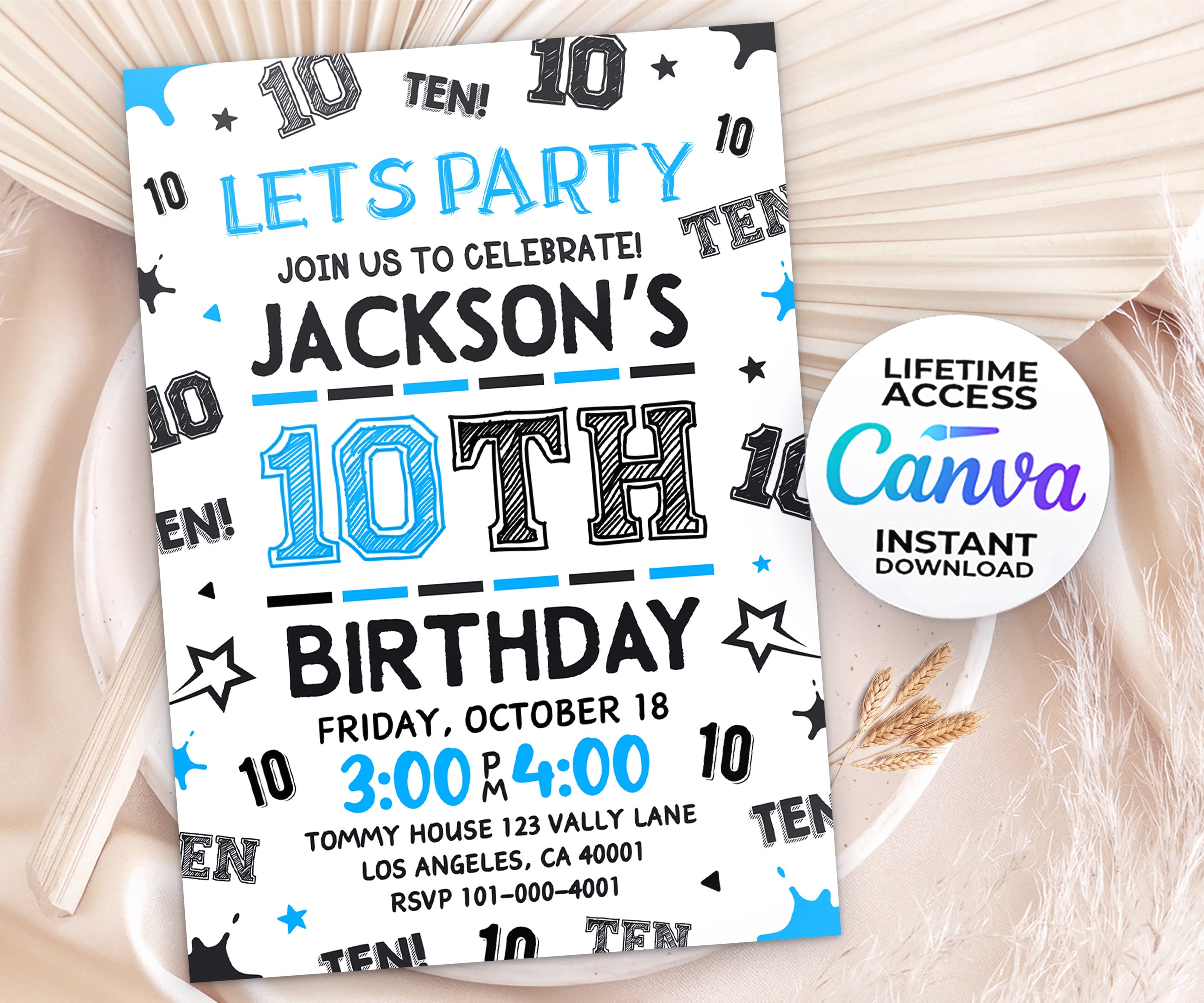 Editable 10th Boy Birthday Invitation, 10th Boy Number Invitation, 5x7 ...