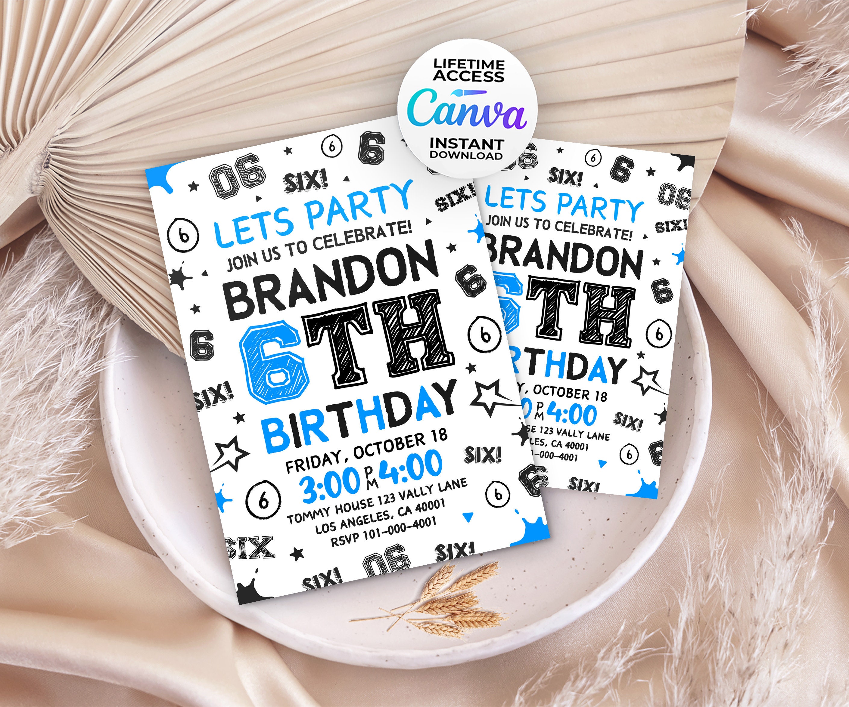 Editable 6th Boy Birthday Invitation, 6th Boy Number Invitation, 5x7 ...