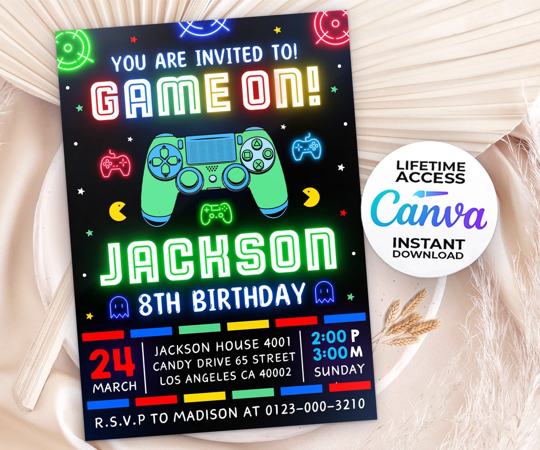 Editable Video Game Birthday Invitation, Video Game Invitation, Neon ...