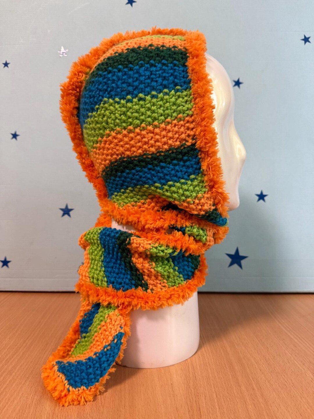 Rainbow Striped Balaclava With Long Ties, Winter Helmet Orange Faux Fur ...