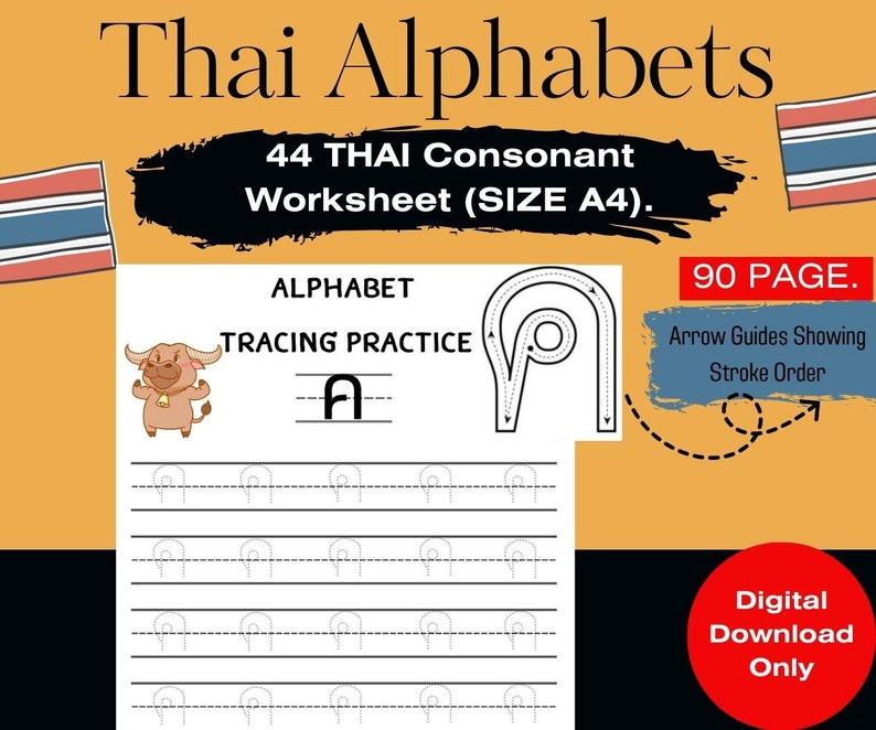 Thai Alphabets, Thai Consonants Handwriting Practice Worksheet ...