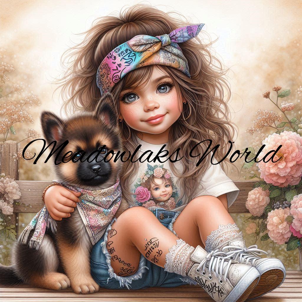 5 Digital Clipart Girl With Her Puppy, Digital Art, Clip Art, Animals ...