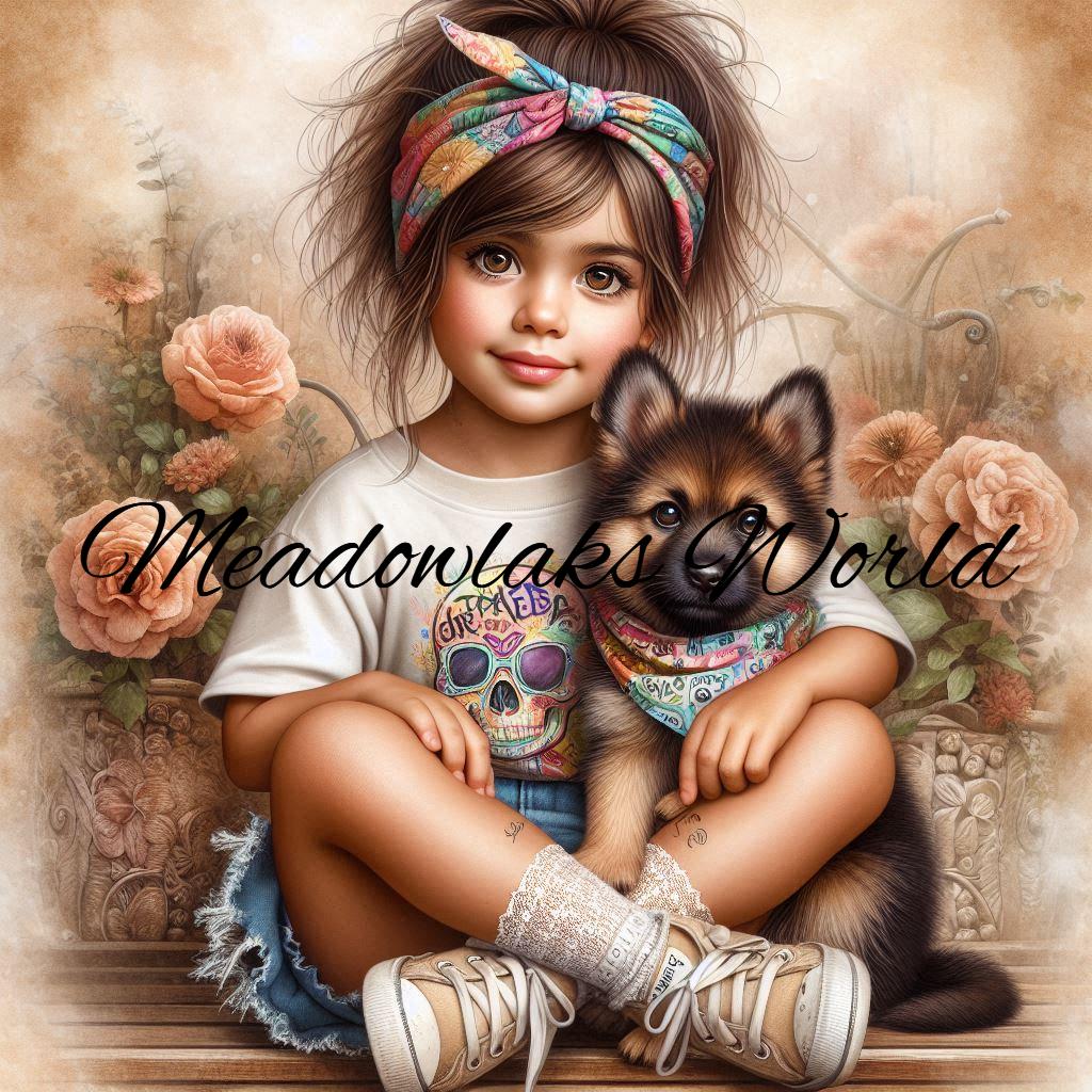 5 Digital Clipart Girl With Her Puppy, Digital Art, Clip Art, Animals ...