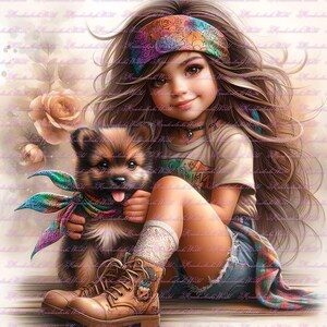 5 Digital Clipart Girl With Her Puppy, Digital Art, Clip Art, Animals ...