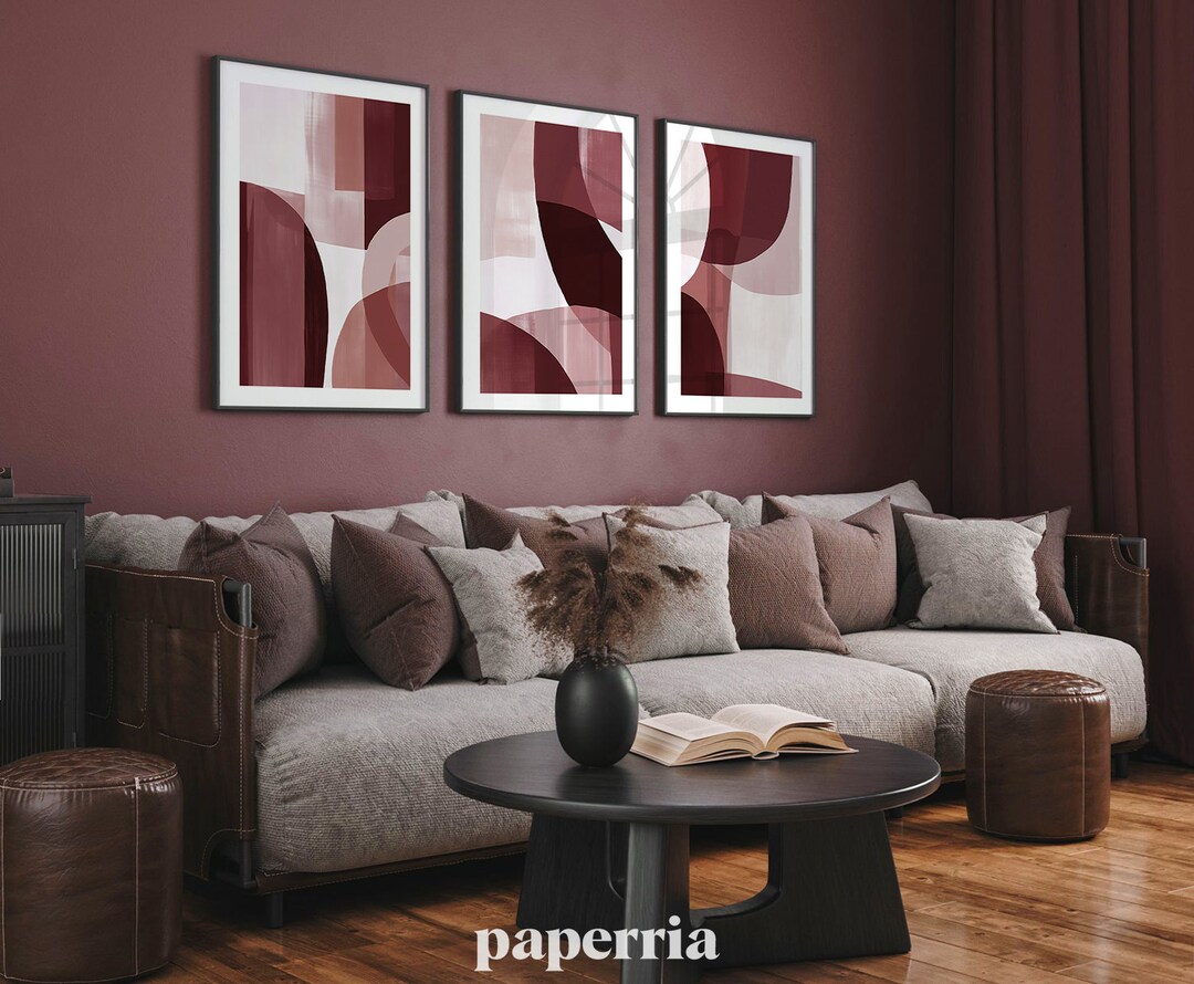 Printable Dark Red Abstract Wall Art, Organic Shape Maroon Red Gallery ...