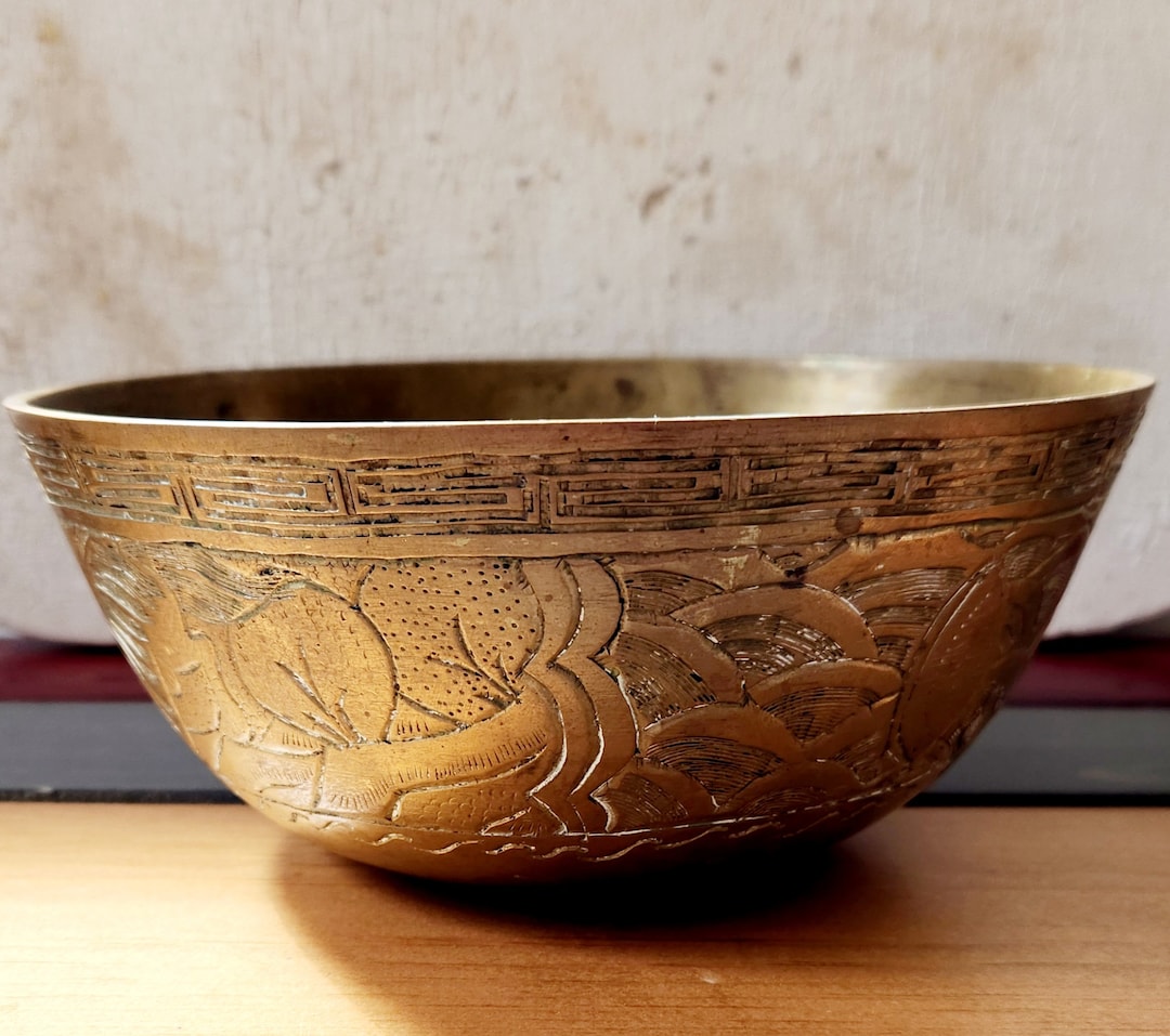 Vintage Chinese Brass Bowl With Dragons / Antique Large Heavy Bowl ...
