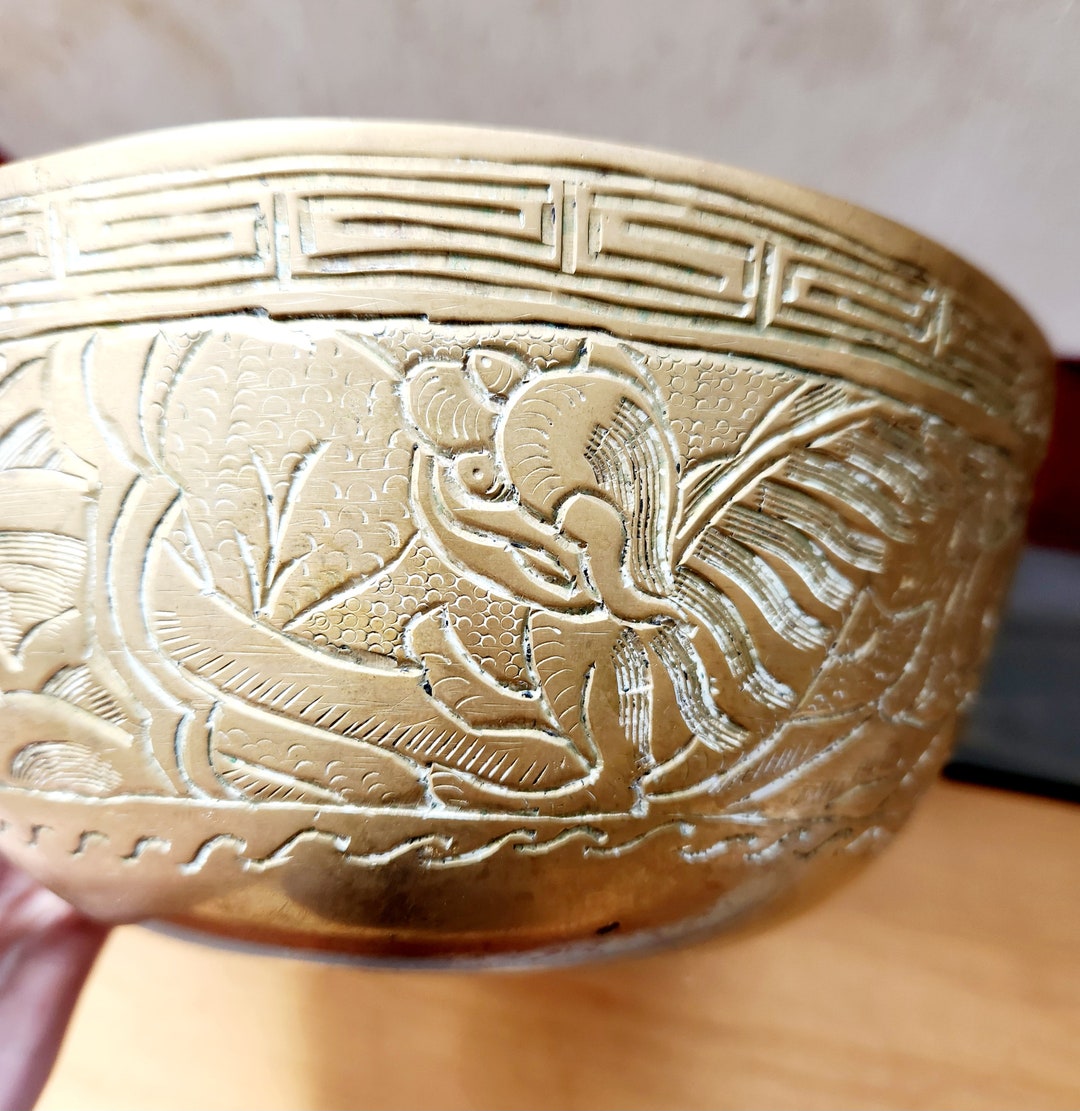 Vintage Chinese Brass Bowl With Dragons / Antique Large Heavy Bowl ...