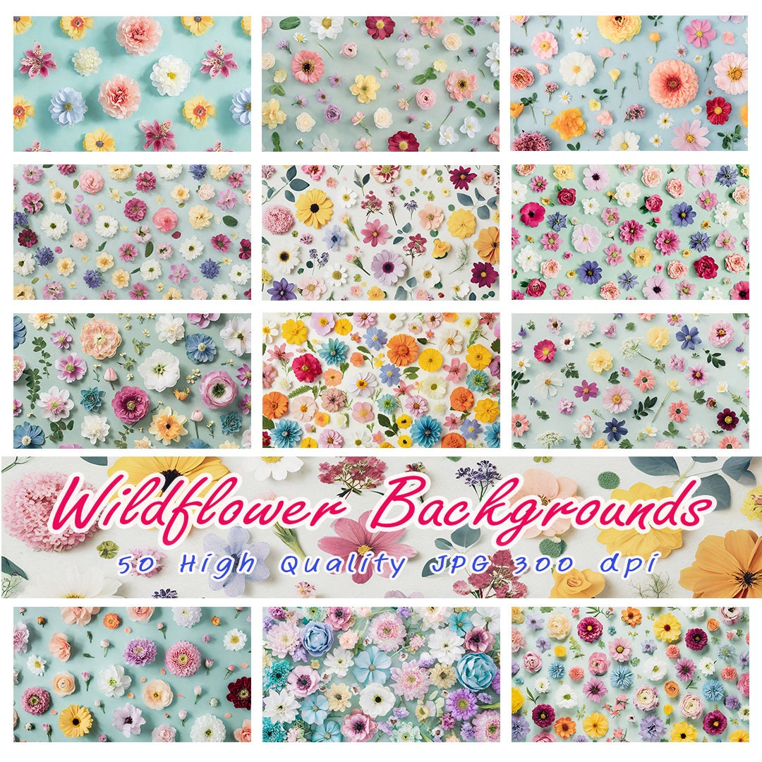 50 Wildflower Backgrounds JPG 300 DPI, Wildflower Patterns, Wedding ...