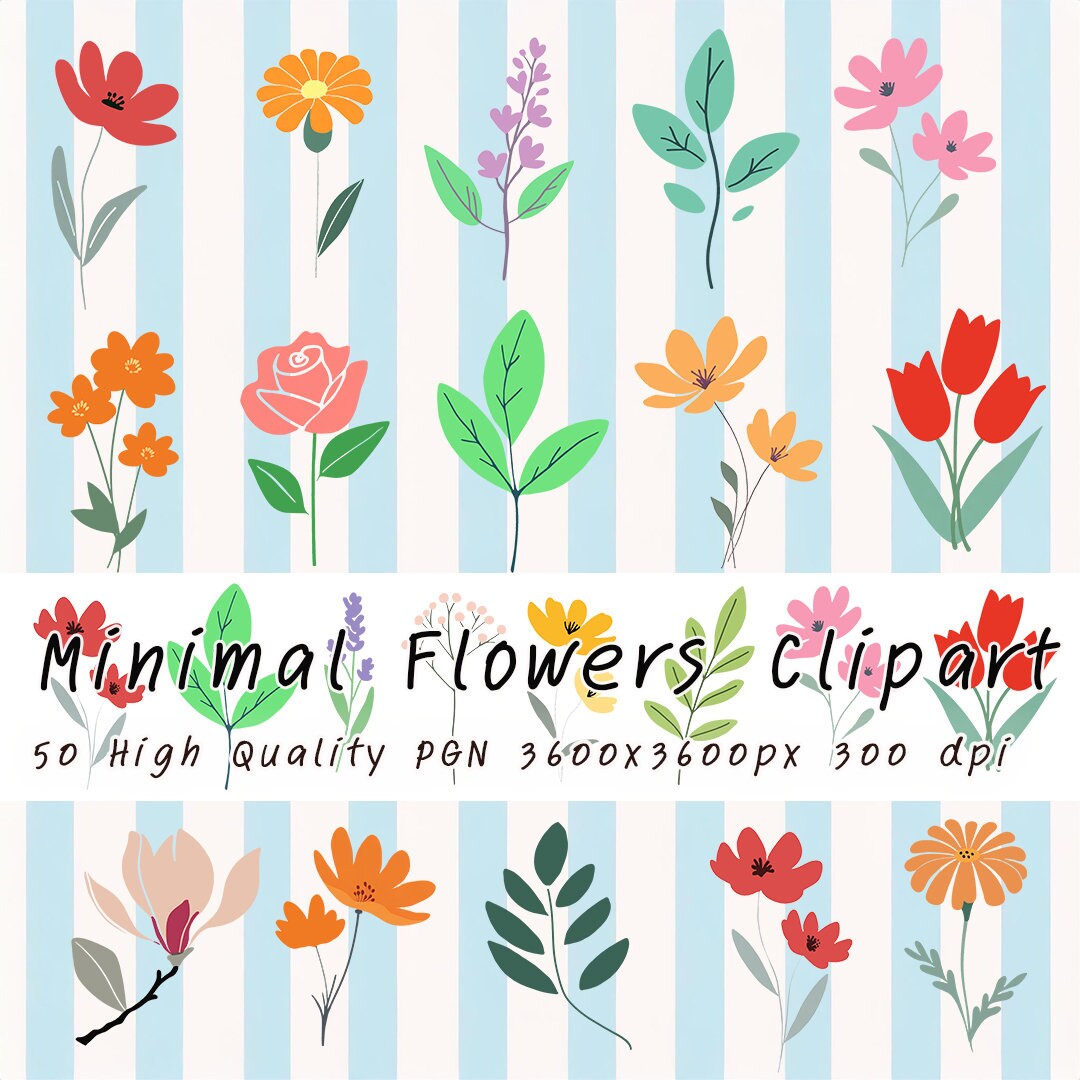 50 Minimal Flowers Clipart PGN 3600x3600px / 300 DPI, Colorful Flowers ...