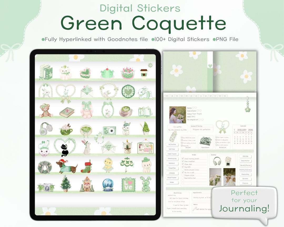 Green Coquette Digital Stickers: Planner Decorations (goodnotes and PNG ...