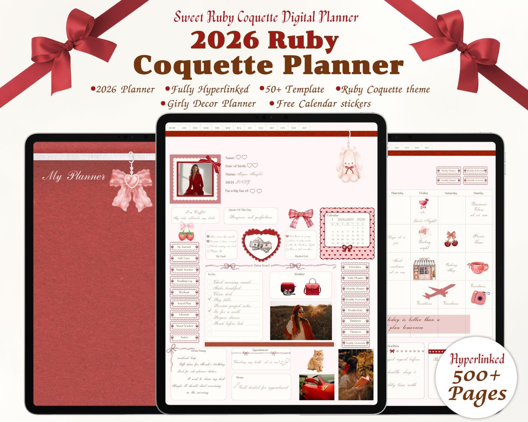 Ruby Coquette 2026 Hyperlinked Digital Planner + Sticker Pack (PDF ...