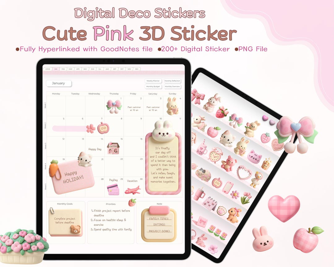 Pink 3D Digital Planner Stickers | Goodnotes Stickers & PNG Files for ...